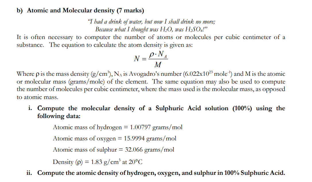 Solved b) Atomic and Molecular density (7 marks) "I bad a | Chegg.com