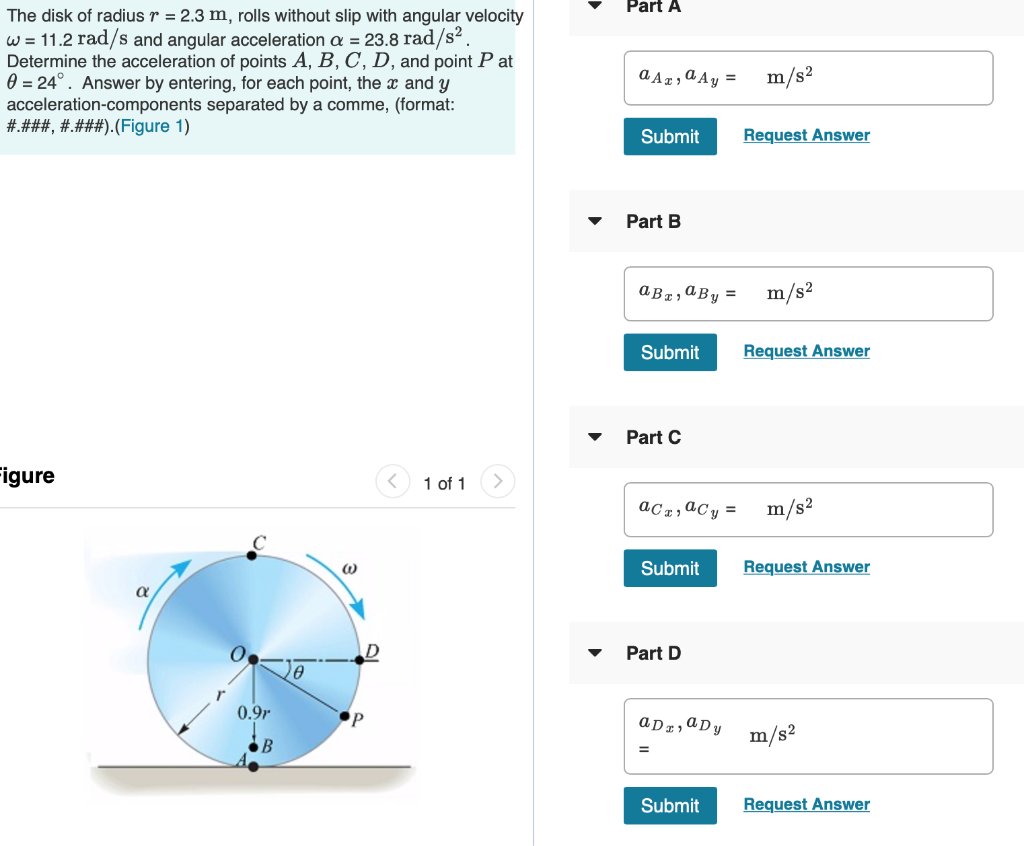 Solved Part A The disk of radius r 2.3 m, rolls without slip | Chegg.com