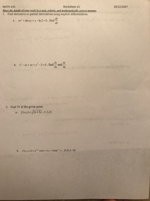 Solved MATH 241 Worksheet 11 10/12/2017 1. Find derivative | Chegg.com