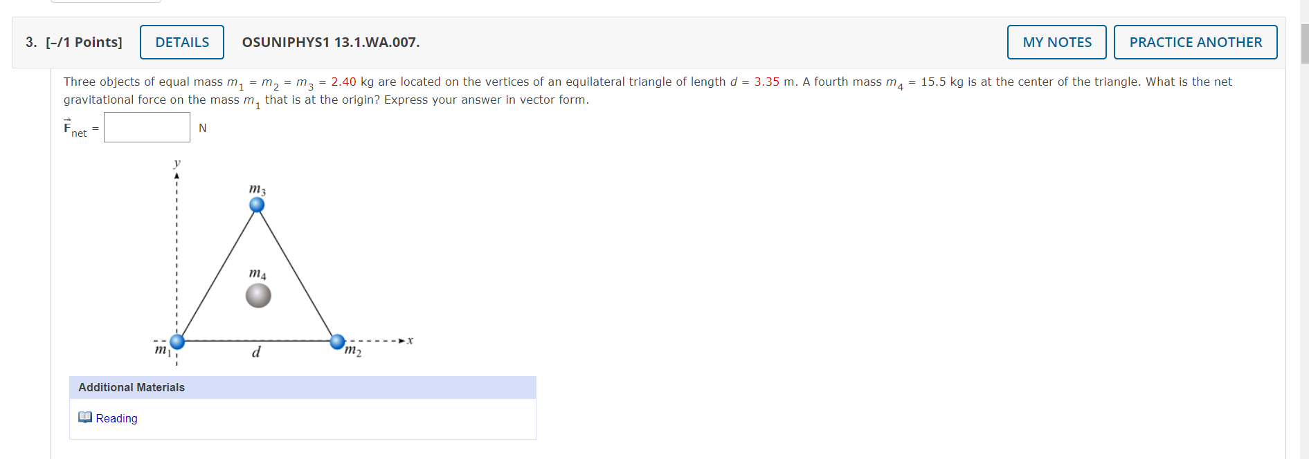 Solved Three objects of equal mass m1 = ﻿m2 = ﻿m3 = 2.40 ﻿kg | Chegg.com