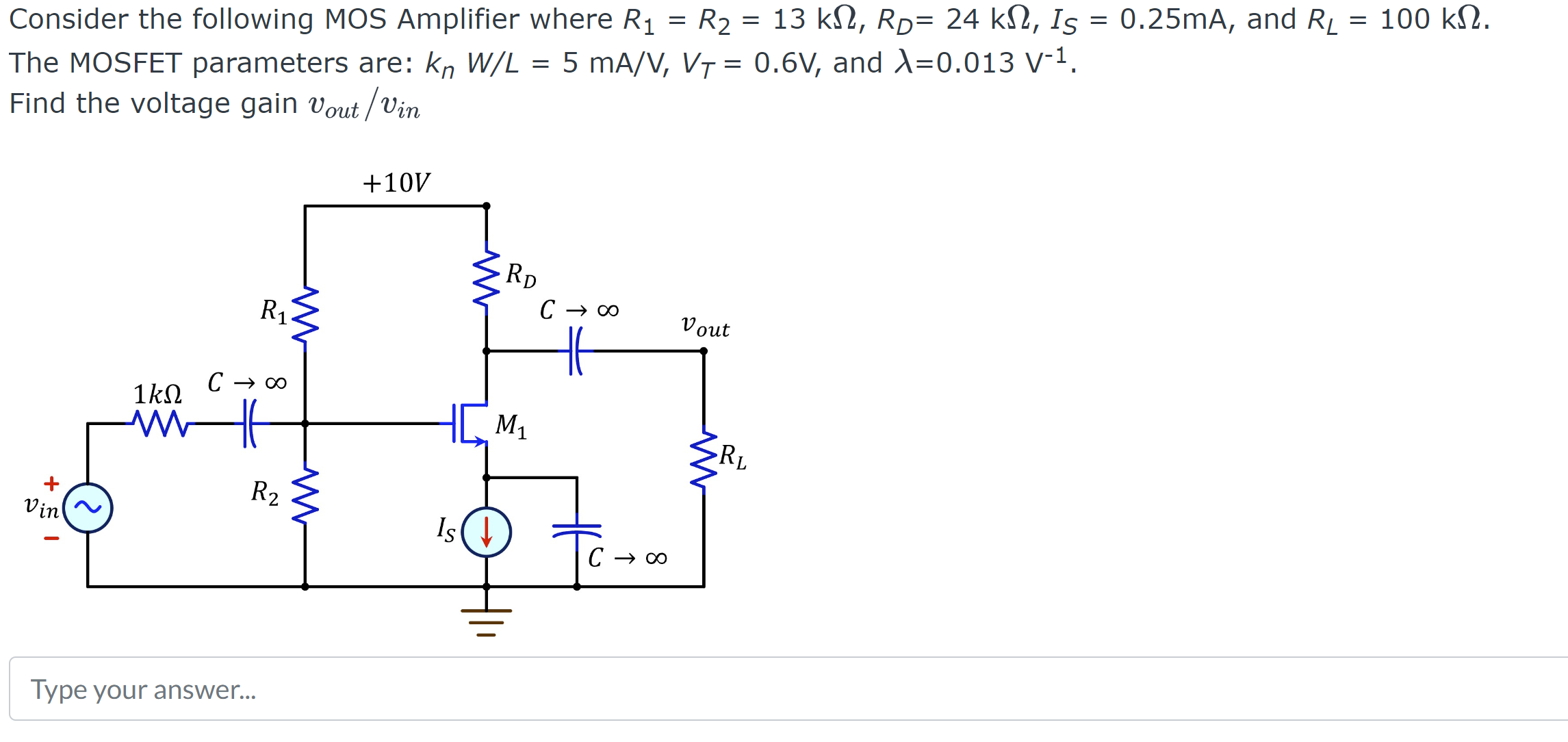 Solved Consider the following MOS Amplifier where R1 = R2 = | Chegg.com