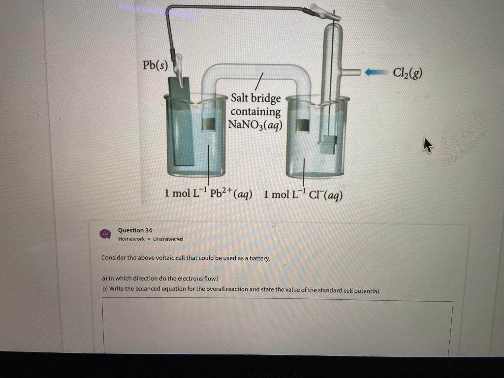 Solved Pb(s) Cl2(g) Salt bridge containing NaNO3(aq) 1 mol | Chegg.com
