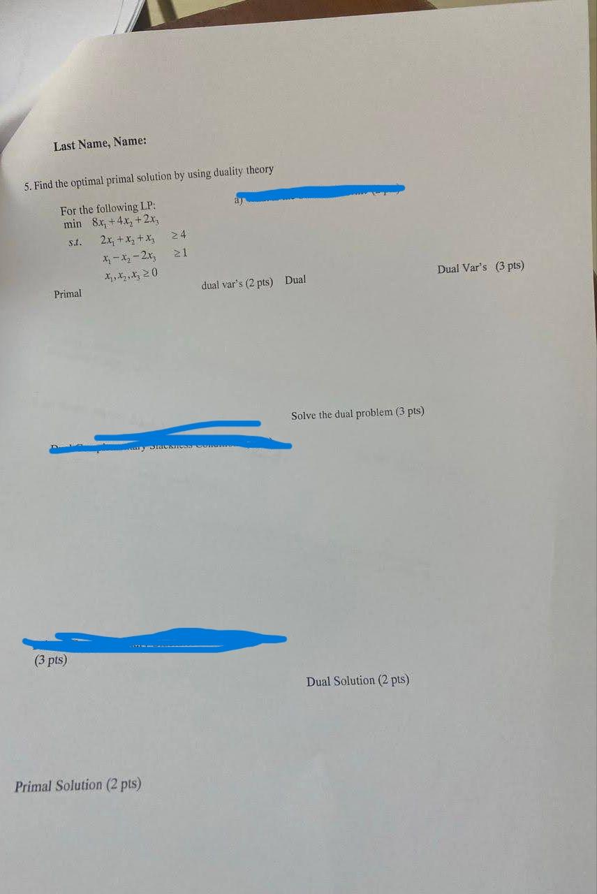 Solved Last Name, Name: 5. Find the optimal primal solution | Chegg.com