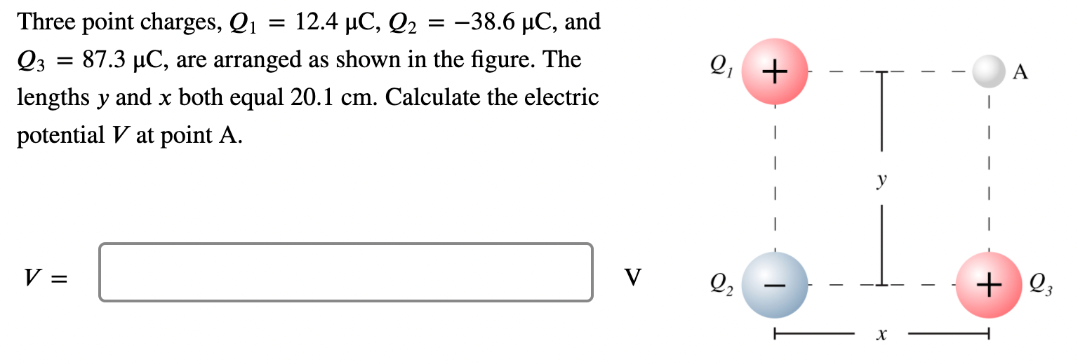 Solved = = = Q + Three point charges, Q1 12.4 uc, Q2 -38.6 | Chegg.com