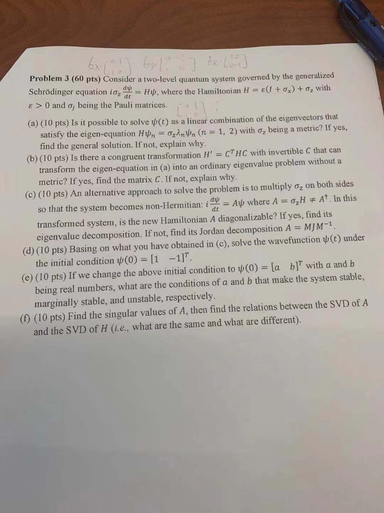 Solved Problem 3 (60 pts) Consider a two-level quantum | Chegg.com