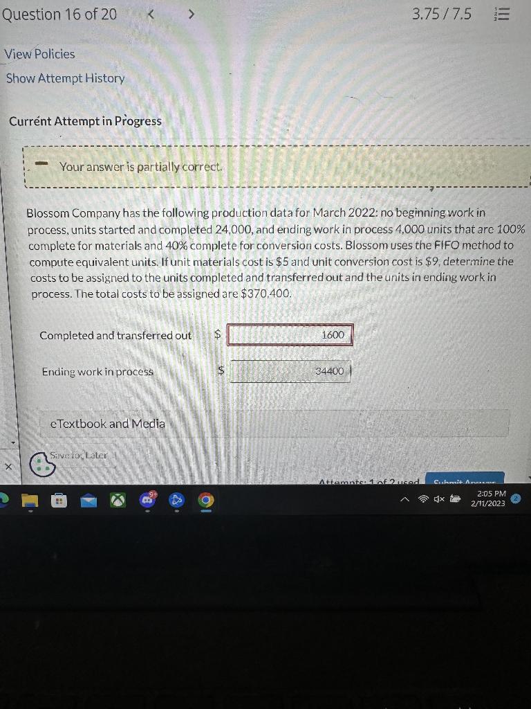Solved Currént Attempt in Progress Blossom Company has the | Chegg.com
