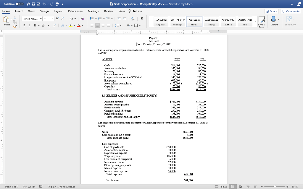 Solved Projoct 1 ACC 220 Dus: Tuesday, Febran; 7,2023 The | Chegg.com