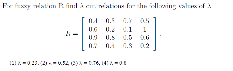 Solved For fuzzy relation R find I cut relations for the | Chegg.com