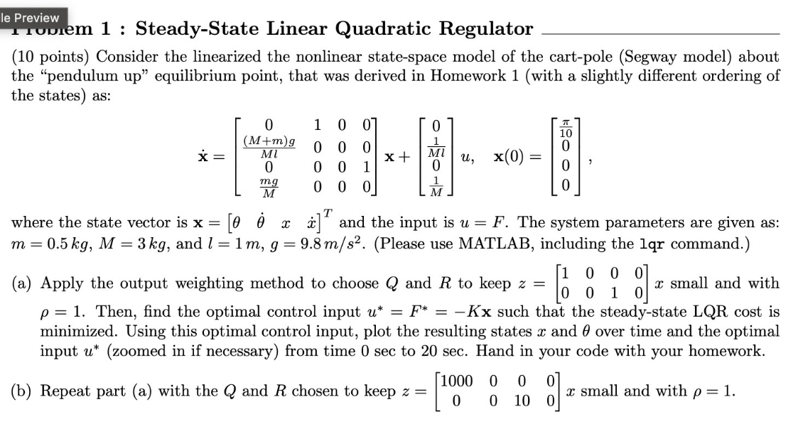 Solved e Preview em 1 : Steady-State Linear Quadratic | Chegg.com