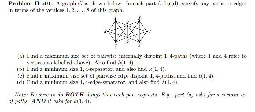 Solved Problem H-501. A graph G is shown below. In each part | Chegg.com