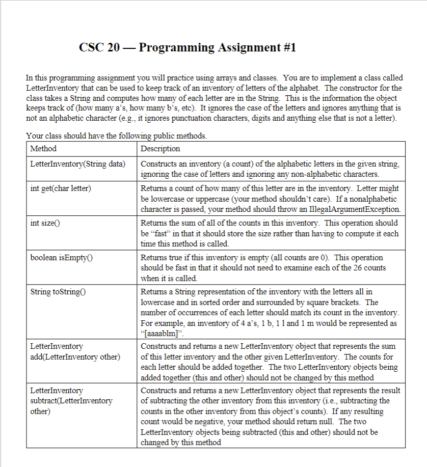 Solved You will be writing a class called LetterInventory in | Chegg.com