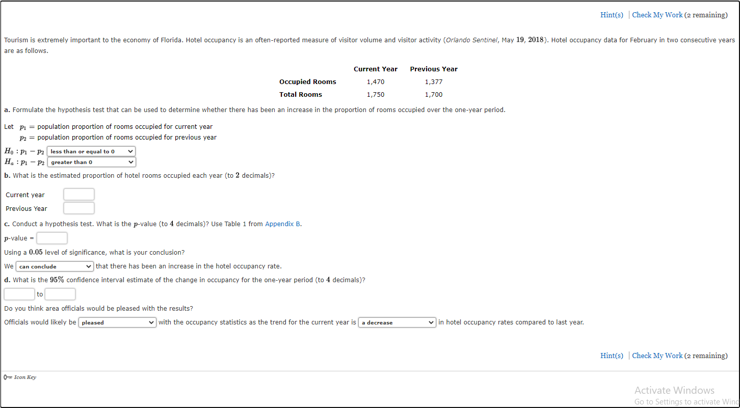 Solved Hint(s) Check My Work (2 remaining) Tourism is | Chegg.com