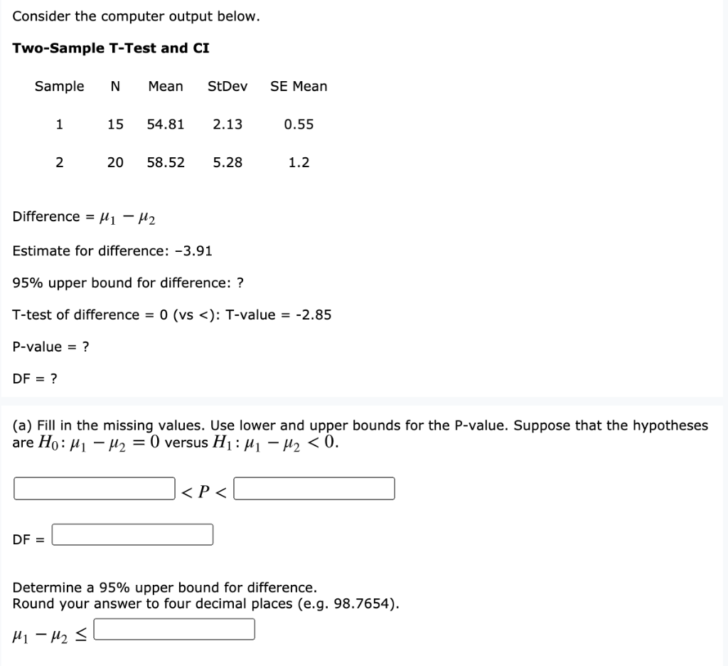 Solved Consider the computer output below. Two-Sample T-Test | Chegg.com