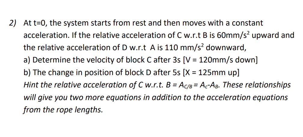 Solved 2) At t=0, the system starts from rest and then moves | Chegg.com