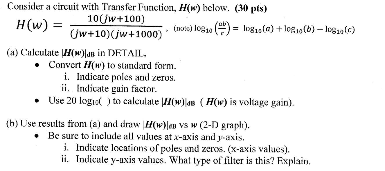 Solved Consider a circuit with Transfer Function, H(w) | Chegg.com