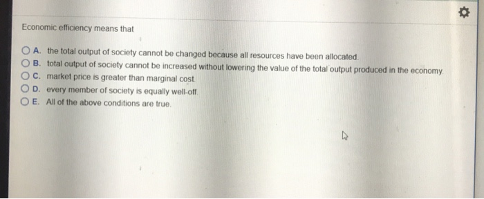 Solved Economic efficiency means that O A. the total output | Chegg.com