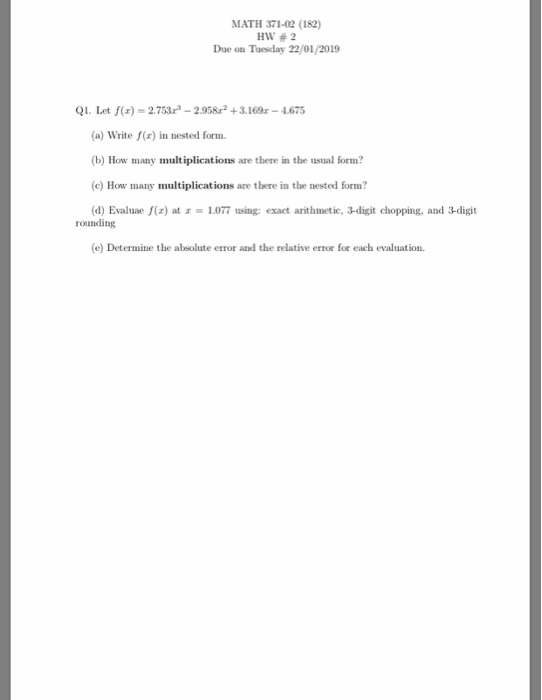 Solved MATH 371-02 (182) HW # 2 Due on Tuesday 22/01/2019 | Chegg.com