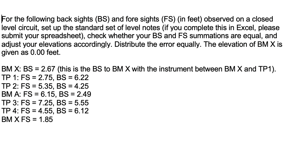 Solved For the following back sights (BS) and fore sights | Chegg.com