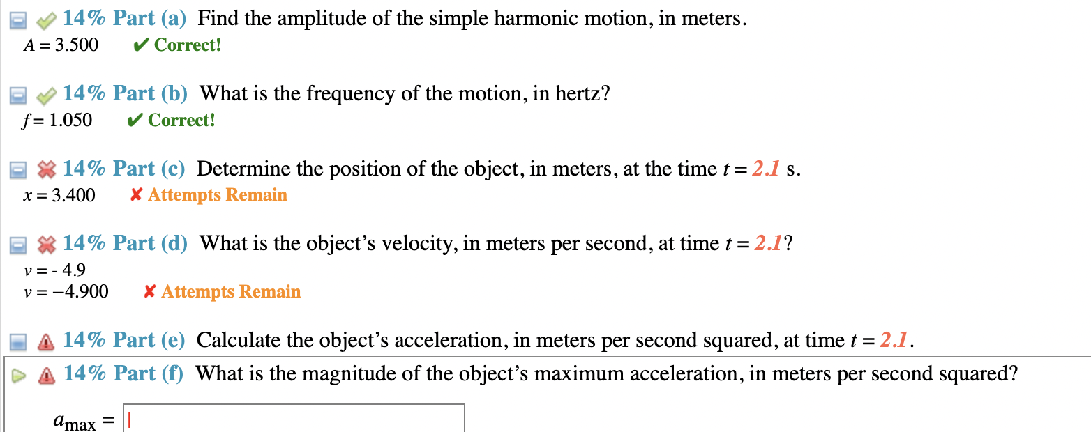 Solved (13\%) Problem 4: An object is undergoing simple | Chegg.com