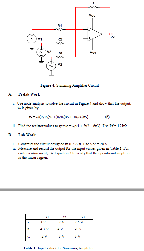 Rf Vcc R1 Vo V1 R2 V2 R3 -Vcc V3 A. Figure 4: Summing | Chegg.com