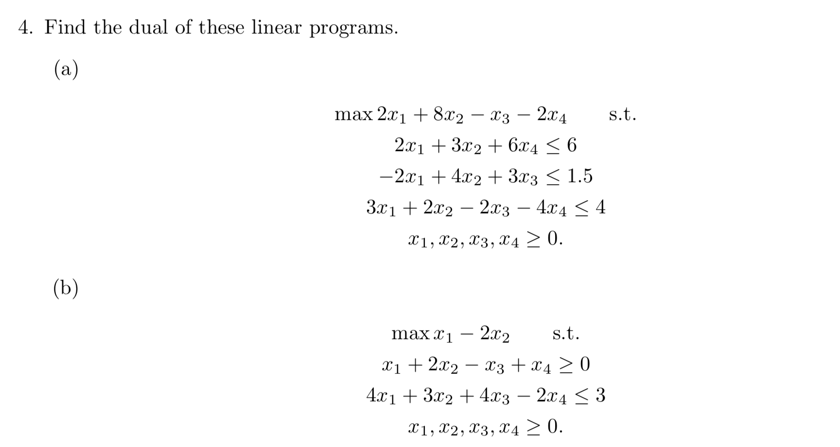 Solved 4. Find the dual of these linear programs. (a) - 2x4 | Chegg.com