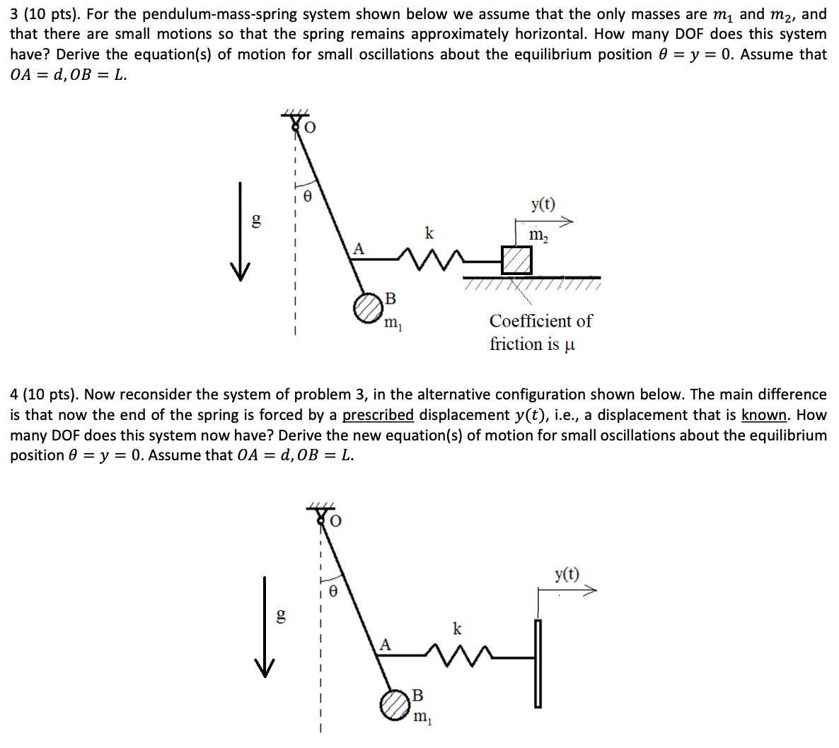Solved 3 (10 pts). For the pendulum-mass-spring system shown | Chegg.com