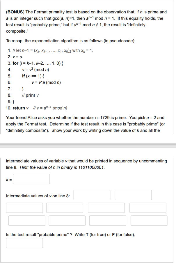 Solved (BONUS) The Fermat primality test is based on the | Chegg.com