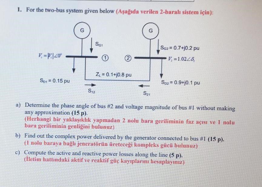 Solved 1. For the two-bus system given below (Aşağıda | Chegg.com