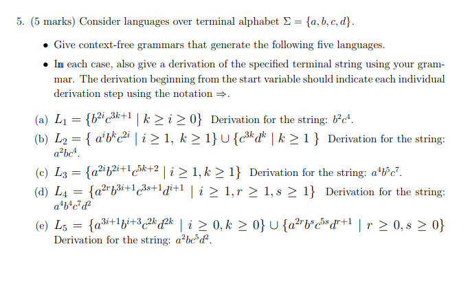 Solved 5. (5 marks) Consider languages over terminal | Chegg.com
