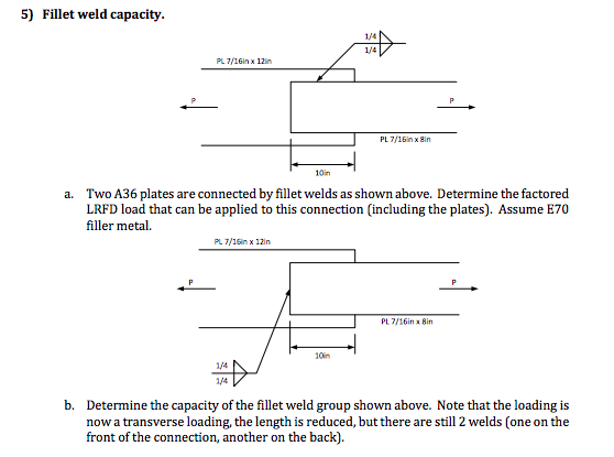 Solved 5) Fillet weld capacity. PL 7/16x 12in a. Two A36 | Chegg.com