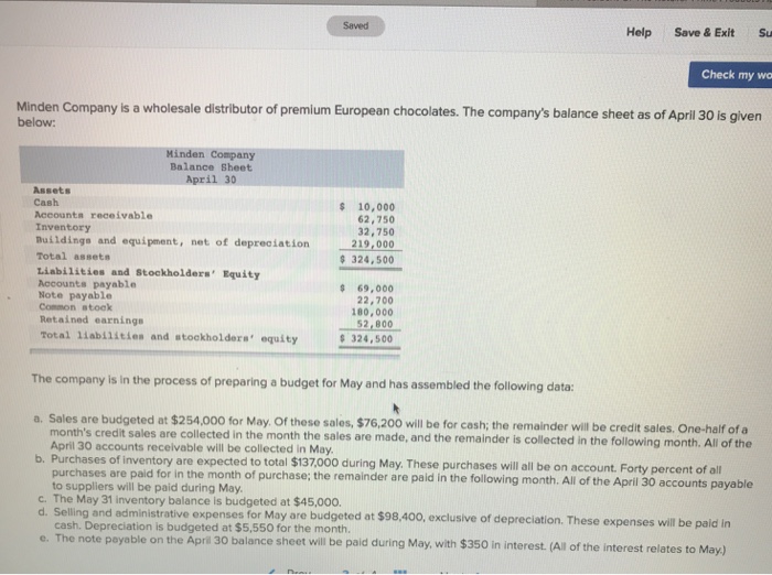 Solved Saved Help Save & Exit Su Check my wo Minden Company | Chegg.com