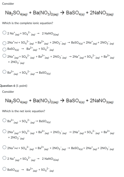 Solved Consider Na SO4(aq) + Ba(NO3)2(aq) → BaSO4(s) + | Chegg.com