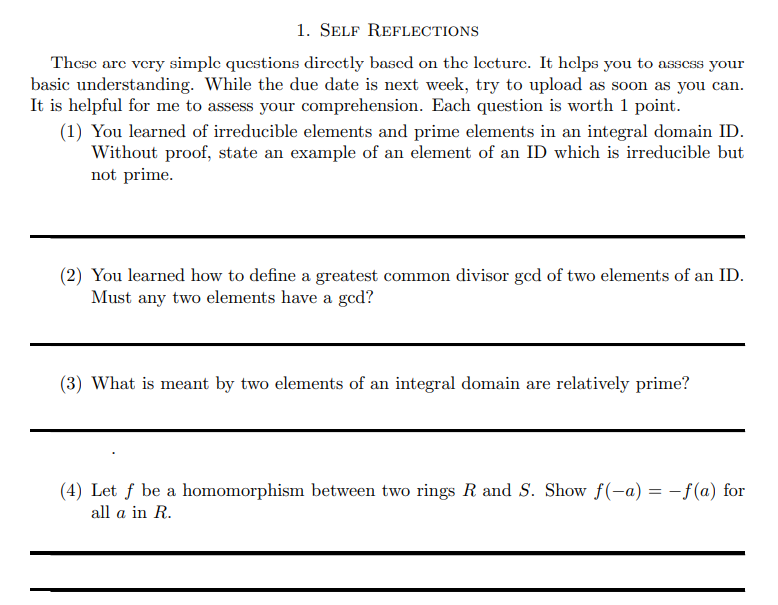 Solved 1. Self RefleCtions These are very simple questions | Chegg.com