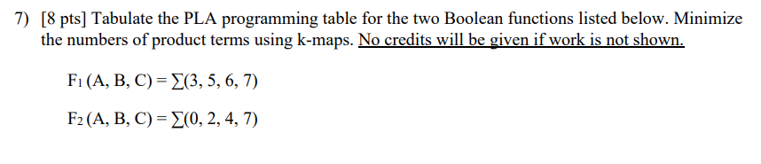 Solved 7) [8 pts] Tabulate the PLA programming table for the | Chegg.com