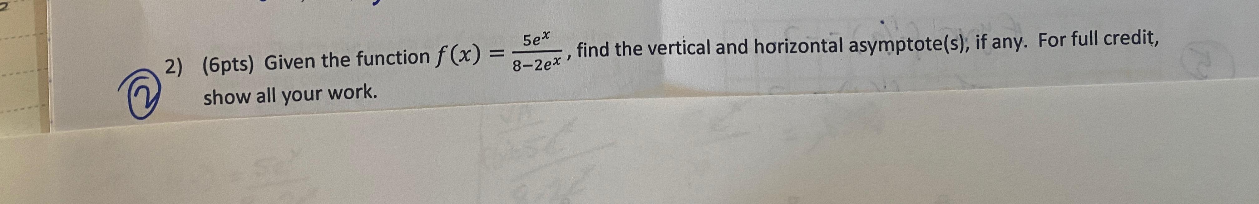 Solved 2) (6pts) Given the function f(x)=8−2ex5ex, find the | Chegg.com