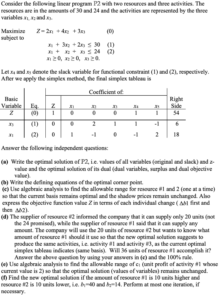 Consider the following linear program P2 with two | Chegg.com