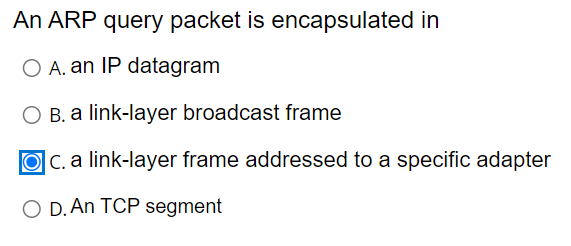 Solved An ARP query packet is encapsulated inA. ﻿an IP | Chegg.com