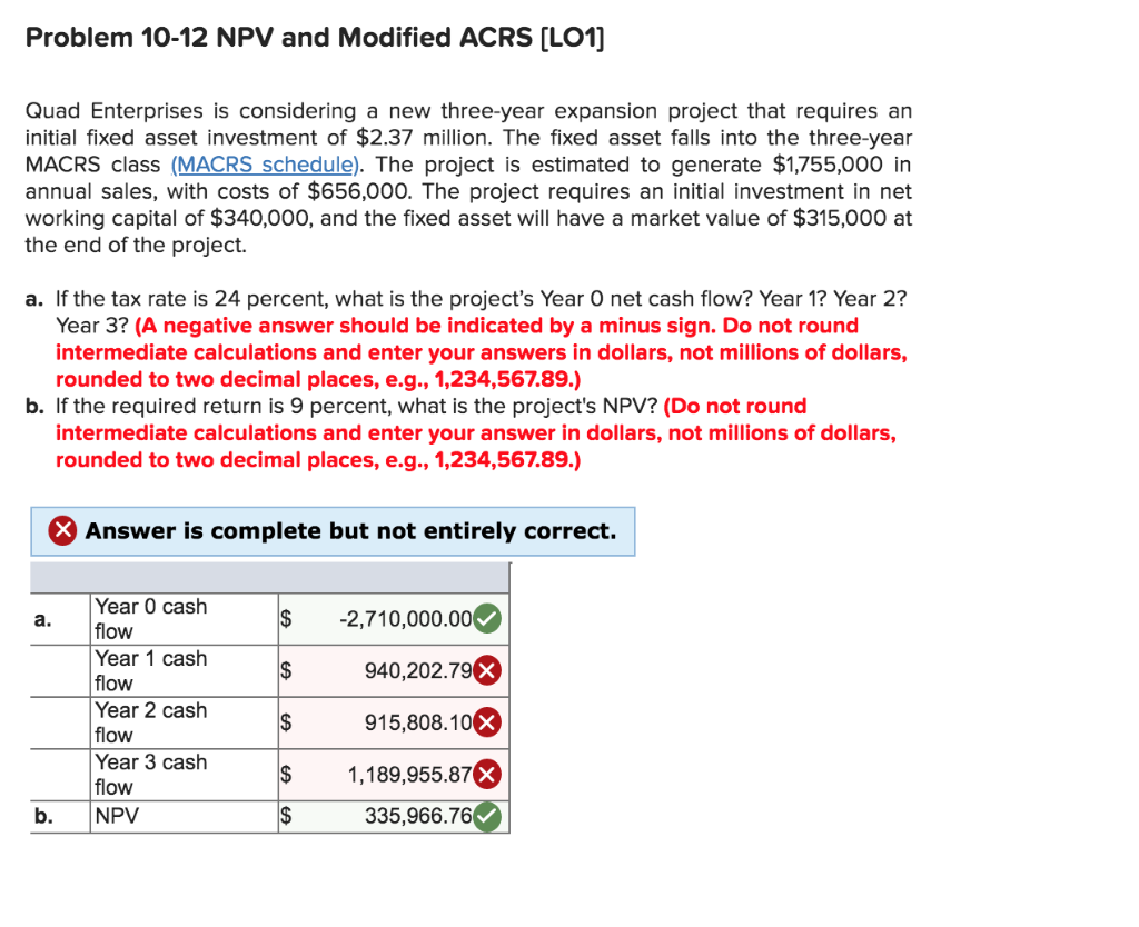 Solved Problem 10-12 NPV and Modified ACRS [LO1] Quad | Chegg.com