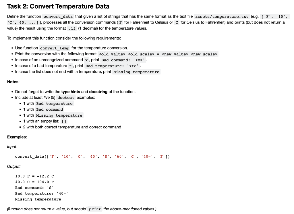 Solved Task 2: Convert Temperature Data Define the function | Chegg.com