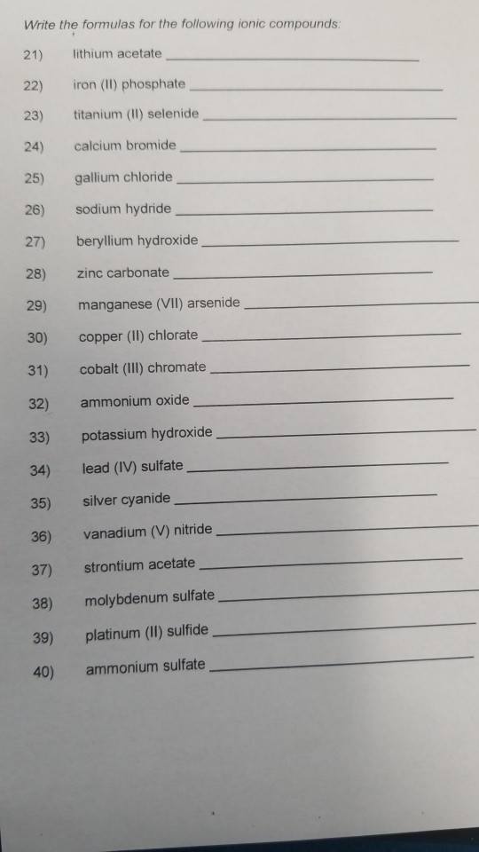 Solved Write the formulas for the following ionic compounds | Chegg.com