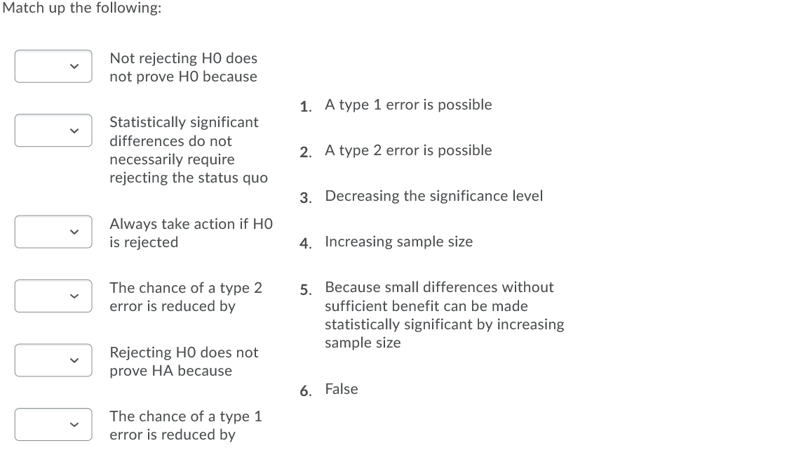 Solved Match up the following: Not rejecting Ho does not | Chegg.com