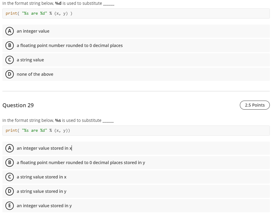 Solved In the format string below, %d is used to substitute | Chegg.com