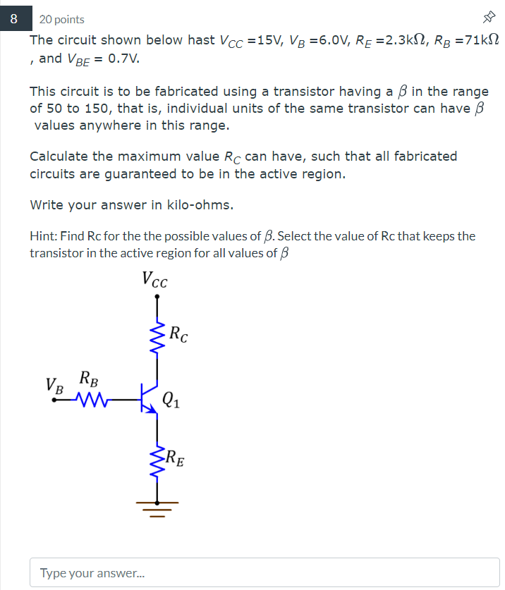 20 points The circuit shown below hast VCC=15 | Chegg.com