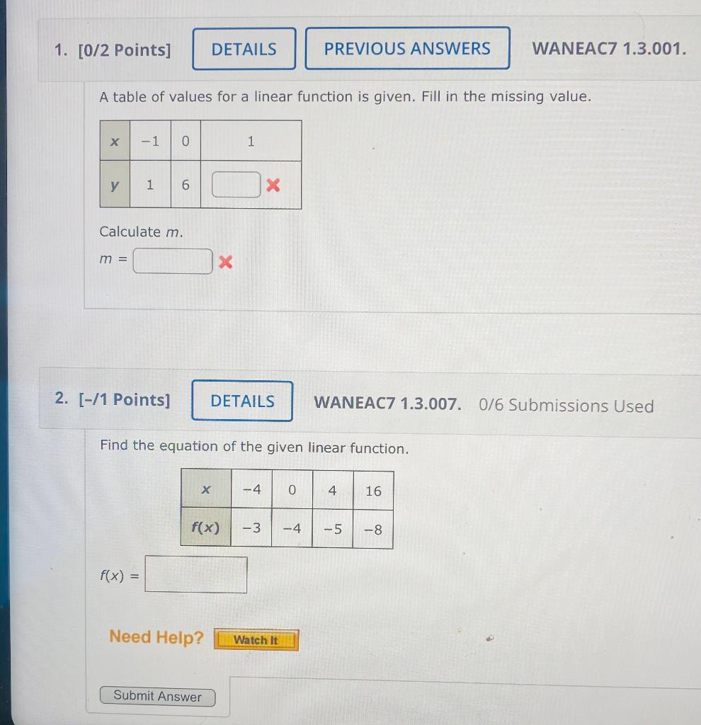 Solved A table of values for a linear function is given. | Chegg.com