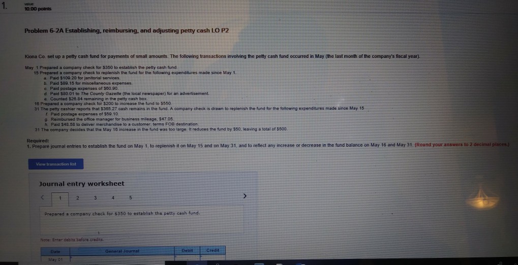Solved 10.00 points Problem 6-2A Establishing, reimbursing, | Chegg.com