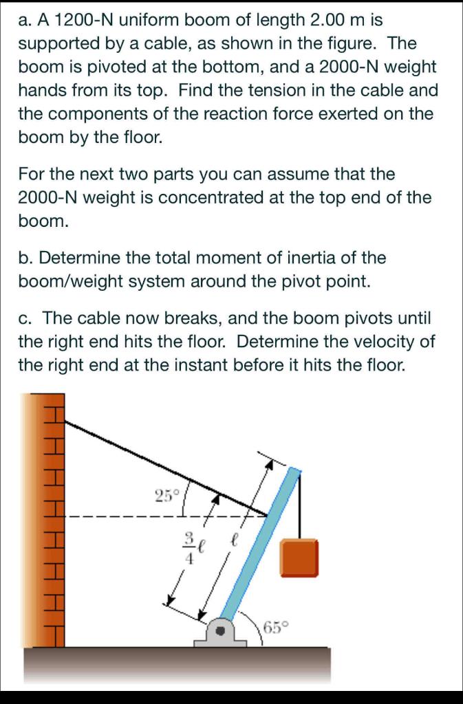 Solved a. A 1200-N uniform boom of length 2.00 m is | Chegg.com