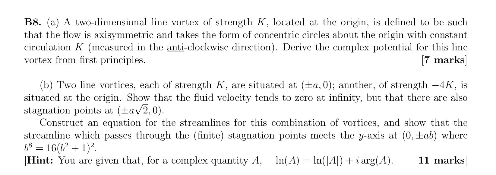 Solved B8. (a) ﻿A two-dimensional line vortex of strength K, | Chegg.com