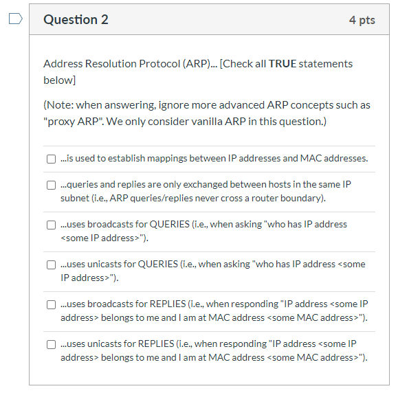 Solved Question 2 4 pts Address Resolution Protocol (ARP)... | Chegg.com