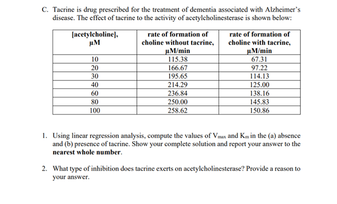 Solved C. Tacrine is drug prescribed for the treatment of | Chegg.com