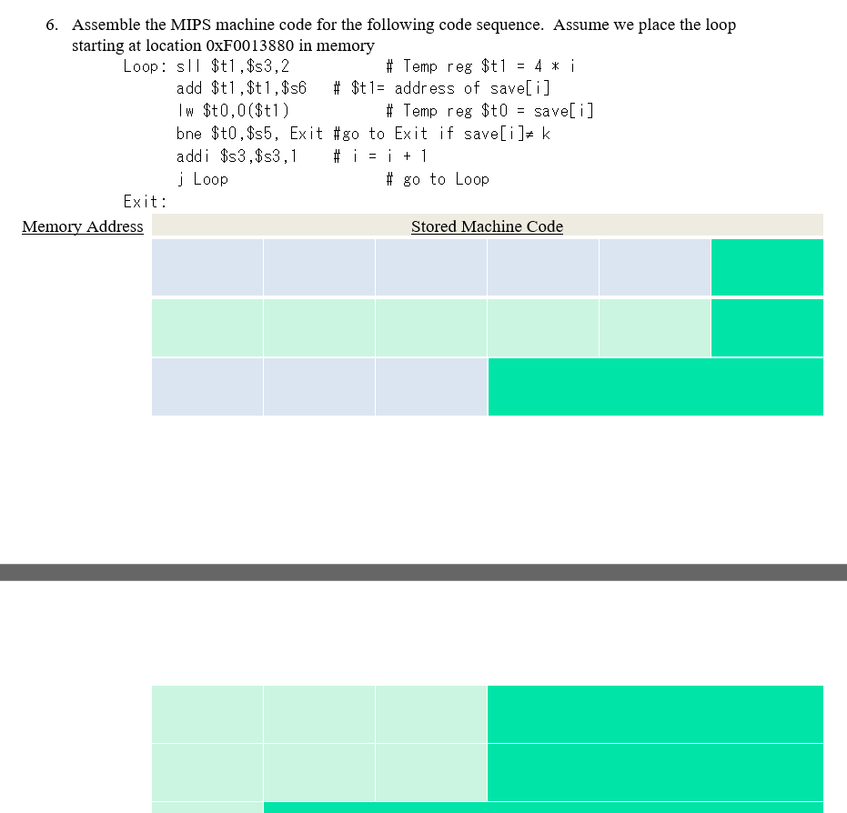 Solved 6. Assemble the MIPS machine code for the following | Chegg.com